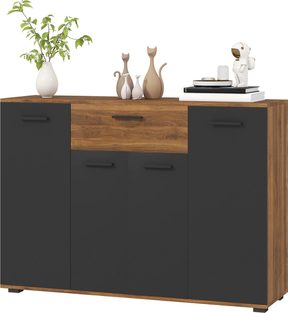 HOMCOM Hnědý a Černý Kufenický Úložný Kabinet s 4 Skříňkami, Zásuvkami a Nastavitelnými Policemi, Rozměry 120 x 35 x 85 cm