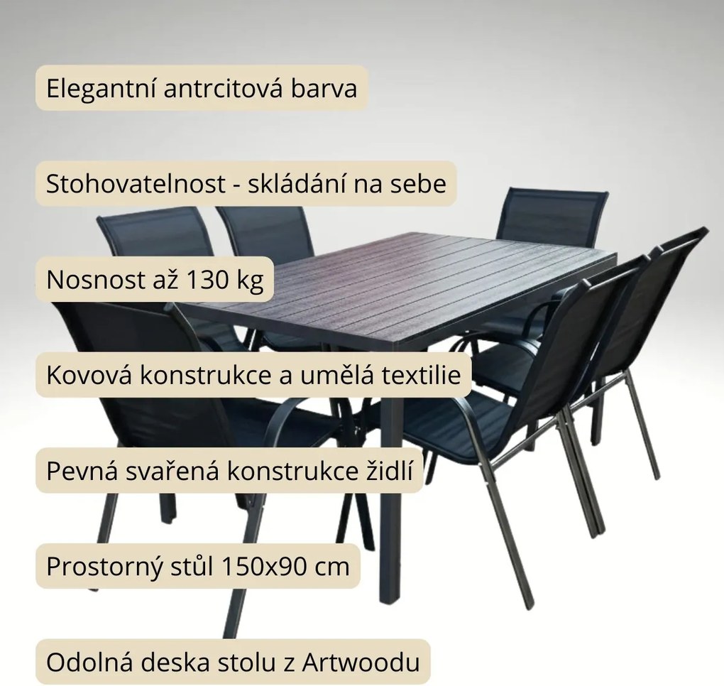 Vikio Venkovní zahradní set 150x90 pro 6 osob DK304 antracit