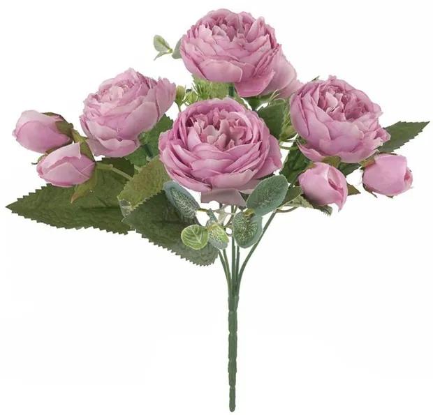 Umělá kytice 5 květů s listy - pivoňka, čajová růže Barva: purpurová (purple)