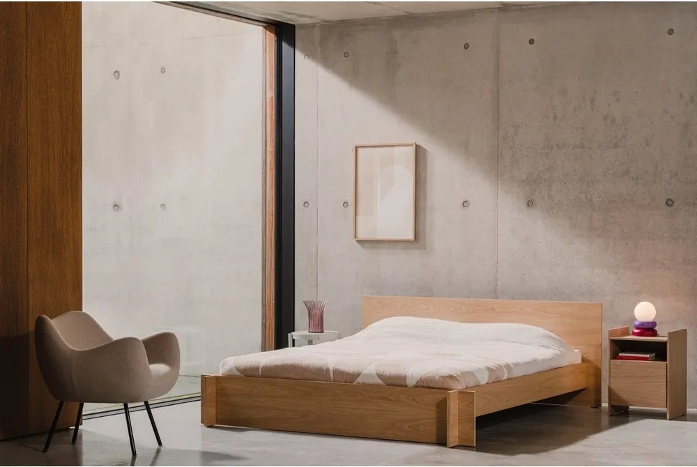 Dvoulůžková postel z dřevotřísky/z překližky v dekoru dubu s roštem 140x200 cm v přírodní barvě Valt – noo.ma