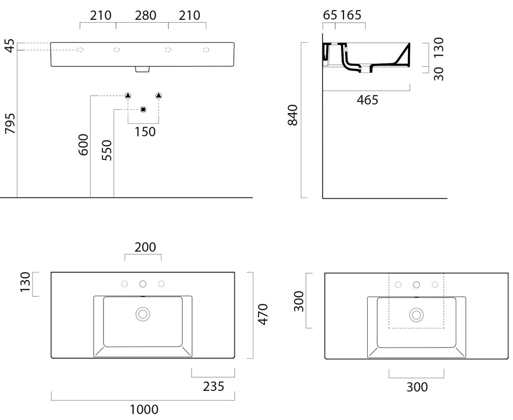 GSI, KUBE X keramické umyvadlo 100x47 cm s odkládacími plochami, bílá ExtraGlaze, 9451111