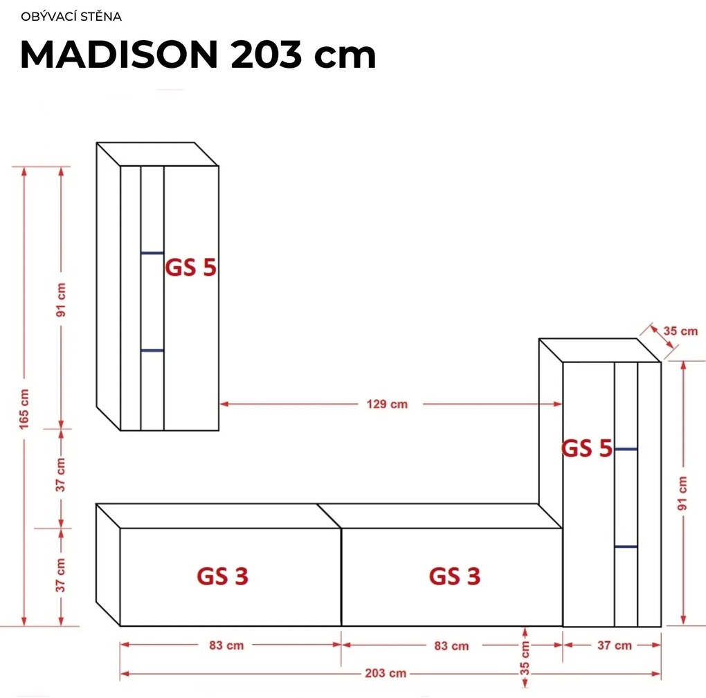 Ral Obývací stěna MADISON, 203 cm - Bílý lesk
