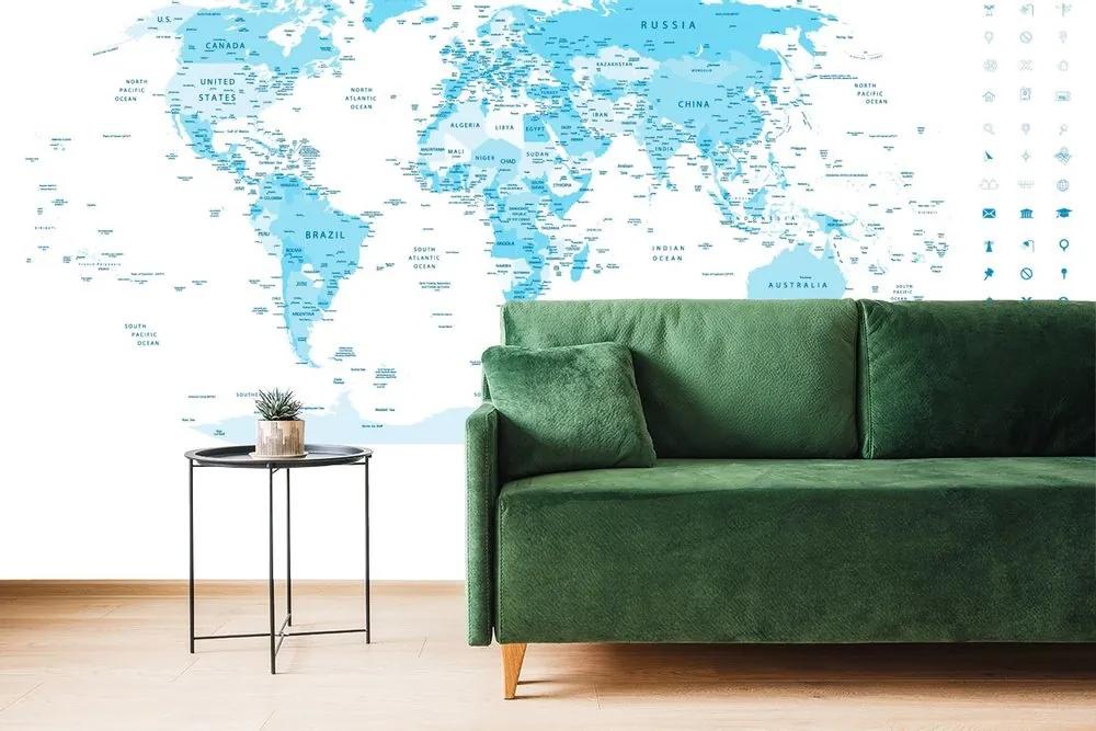 Tapeta detailní mapa světa v modré barvě - 450x300 cm