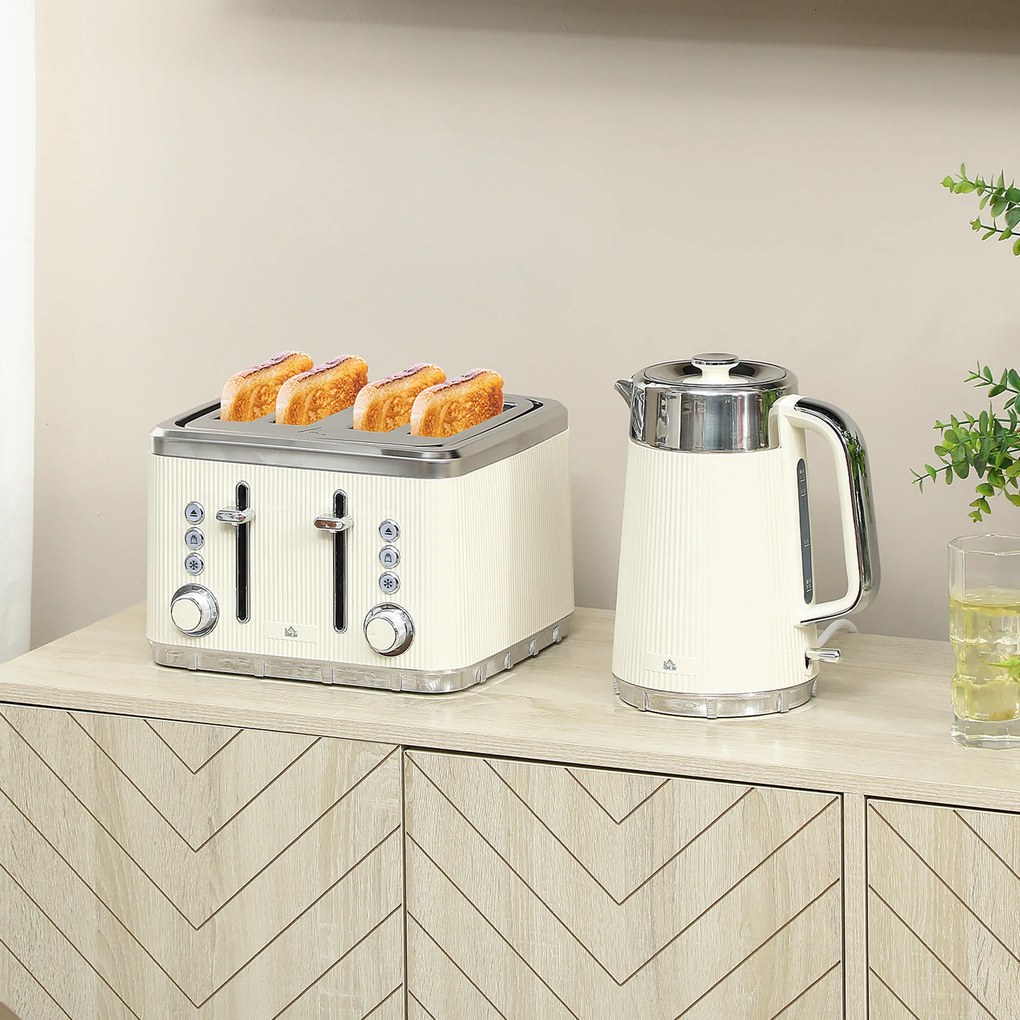 HOMCOM Varná konvice 2200 W, 1,7 l s funkcí rychlého vaření, filtr proti vodnímu kameni a toustovač na 4 plátky s 7 stupni opékání, krémová
