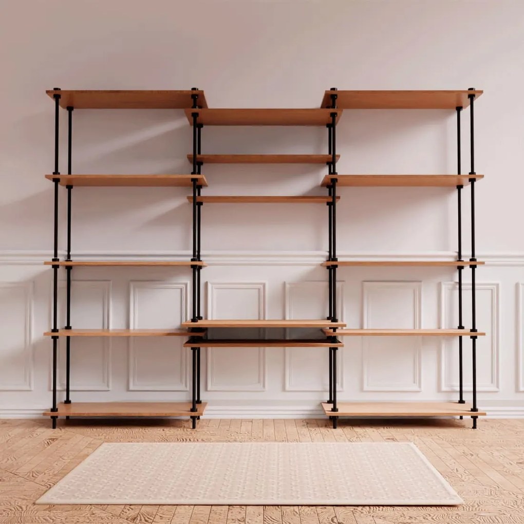 DECO - kombinace policových regálů a stolního policového systému ze dřeva a kovu, 185x235x35/52,5 cm