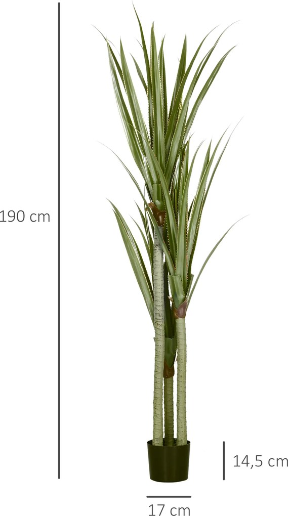 Umělá rostlina yucca HOMCOM v květináči 190 cm - 39 realistických listů pro dekoraci domova, obývacího pokoje, kanceláře a zahrady Ø17x190 cm Zelená
