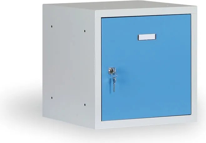Šatní skříňka s uzamykatelným boxem 400 x 400 x 400 mm, cylindrický zámek, modré dveře
