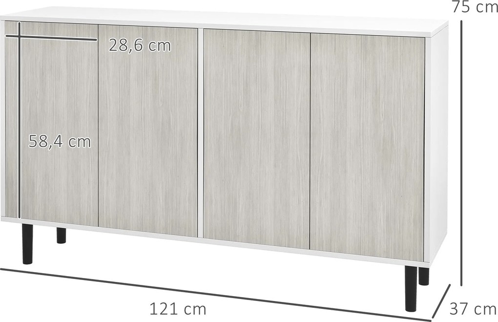HOMCOM Bufetová skříňka s kuchyňským úložným prostorem se 2 dvojitými dvířky a výškově nastavitelnými policemi, 121 x 37 x 75 cm, Bílá a dřevošedá