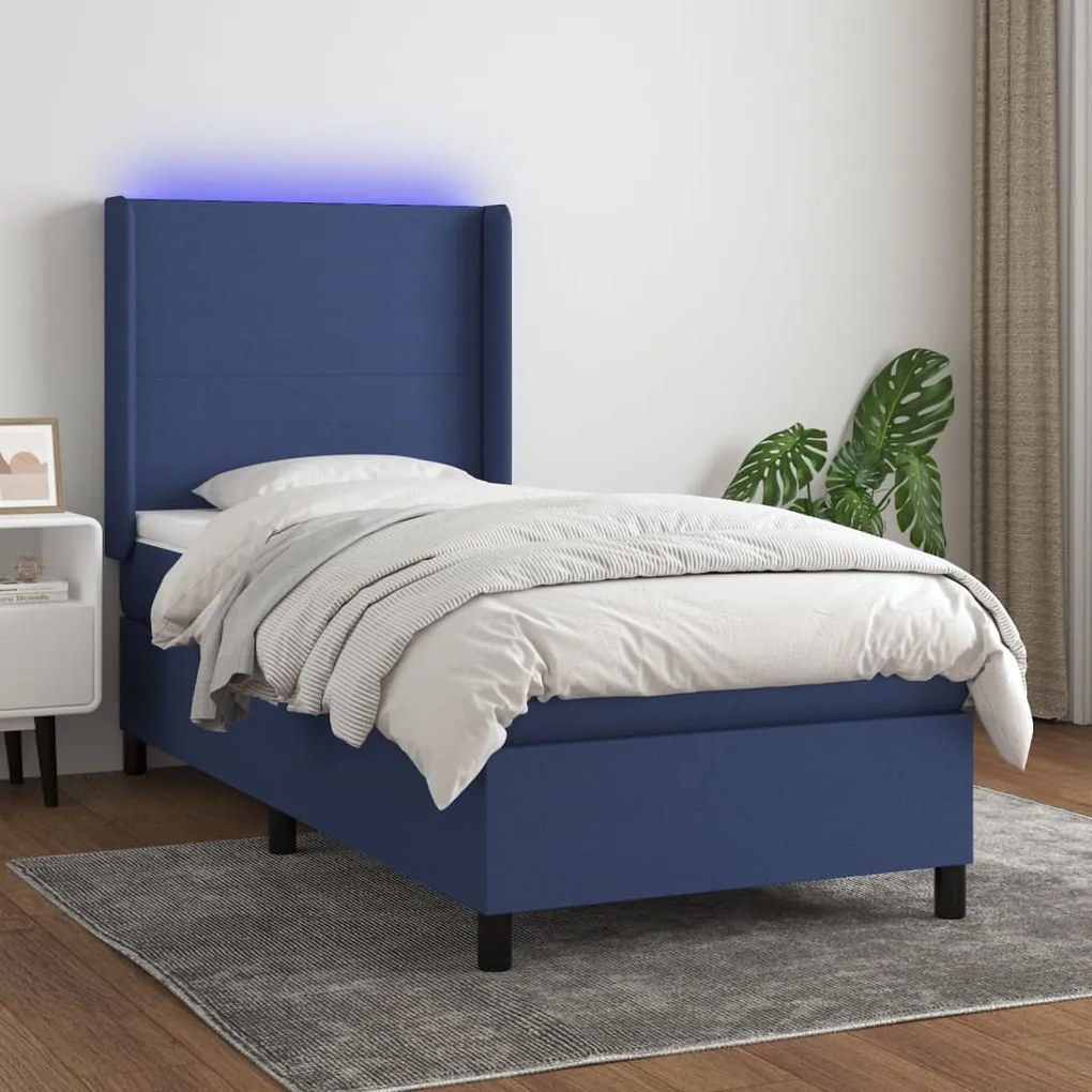 Box spring postel s matrací a LED modrá 90x200 cm textil 3138131