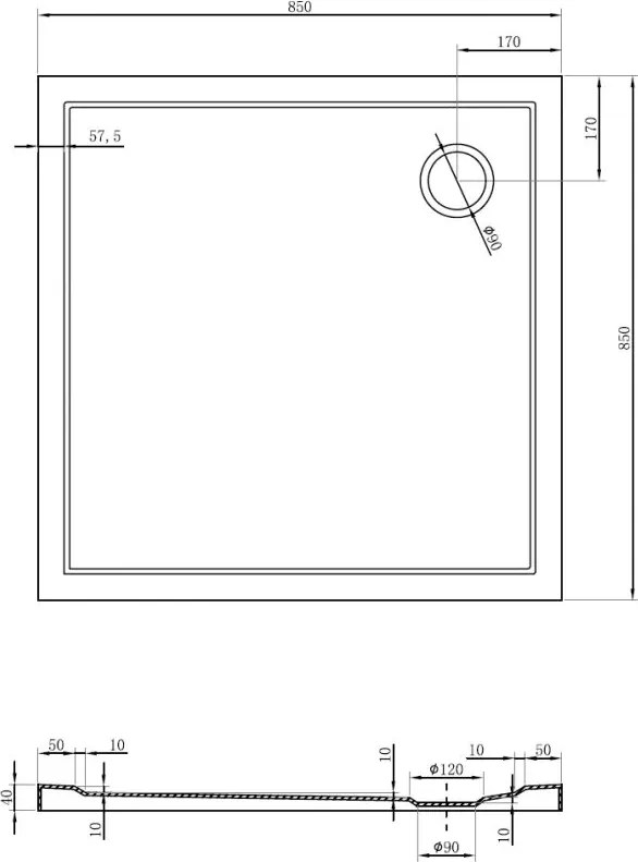 Mexen Flow Slim, čtvercová sprchová vanička 85 x 85 cm, černá matná, 46S708585