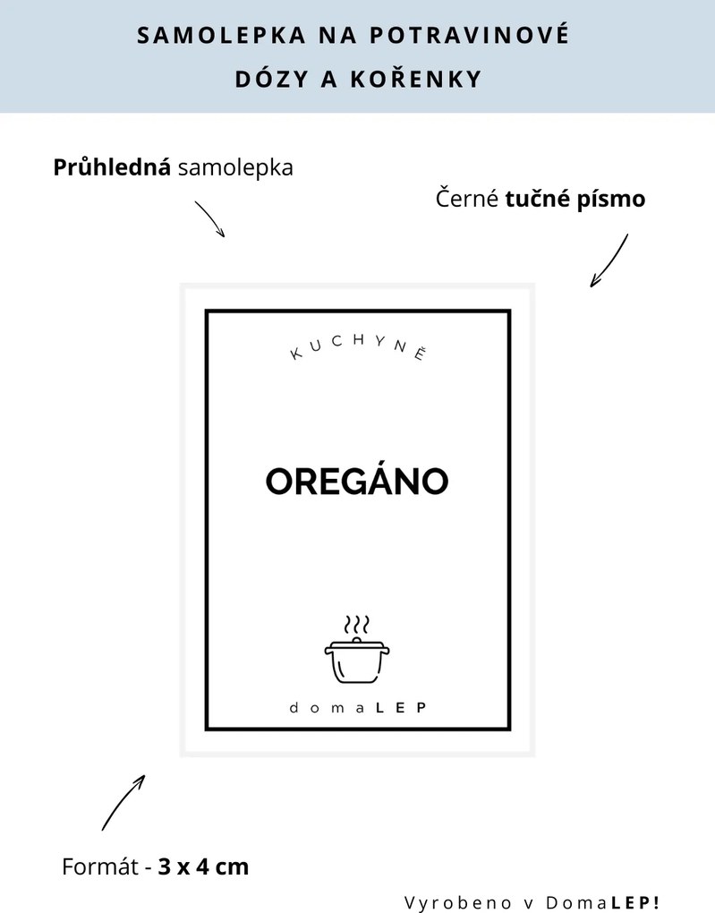 Samolepka na kořenky OREGÁNO průhledná 3 × 4 cm tučné písmo