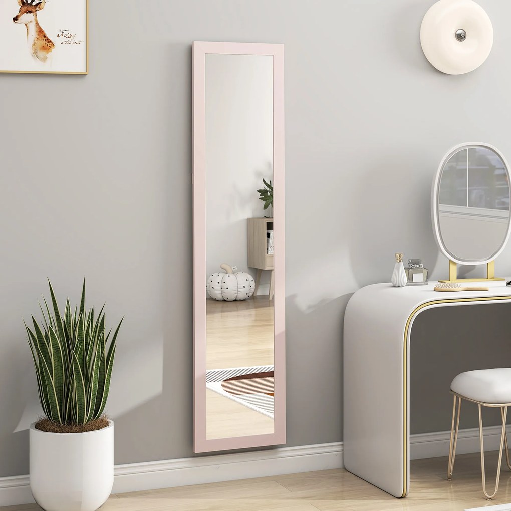 HOMCOM Plné tělo zrcadlo 157x37 cm s MDF rámem, náklonitelné stojací nebo nástěnné zrcadlo, světle perlově růžová