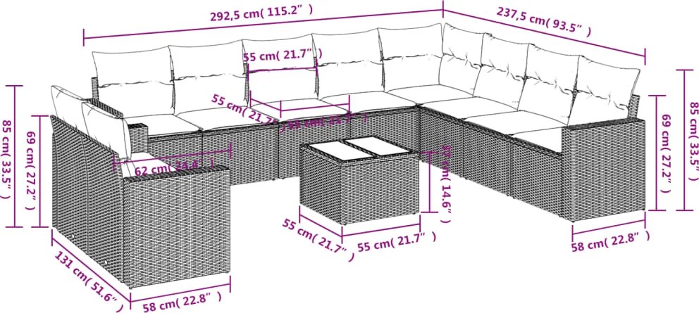 11dílná zahradní sedací souprava s poduškami černá polyratan 3251513