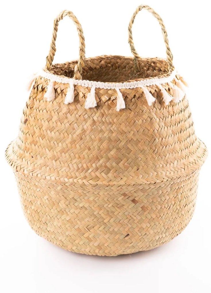 Úložný dekorativní košík z mořské trávy, O 31 cm, bílé třásně