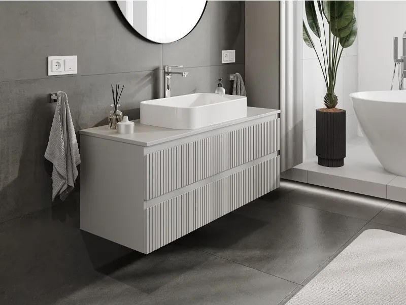 Mexen Rivel, koupelnová skříňka 120 cm s pracovní deskou, 2 zásuvky, drážkovaná, matná šedá, 91A20-12047-2-BFFC62