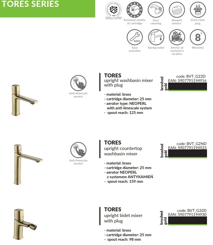 Laveo Tores, vysoká umyvadlová baterie h-266, zlatá matná, LAV-BVT_G2ND