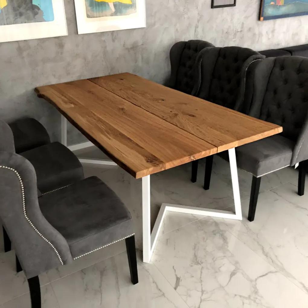 KULHÁNEK Moderní stůl s rustikální hranou a kovovou podnoží "V" Velikost desky: 190x100 cm, Odstín podnože: bílá - RAL 9010