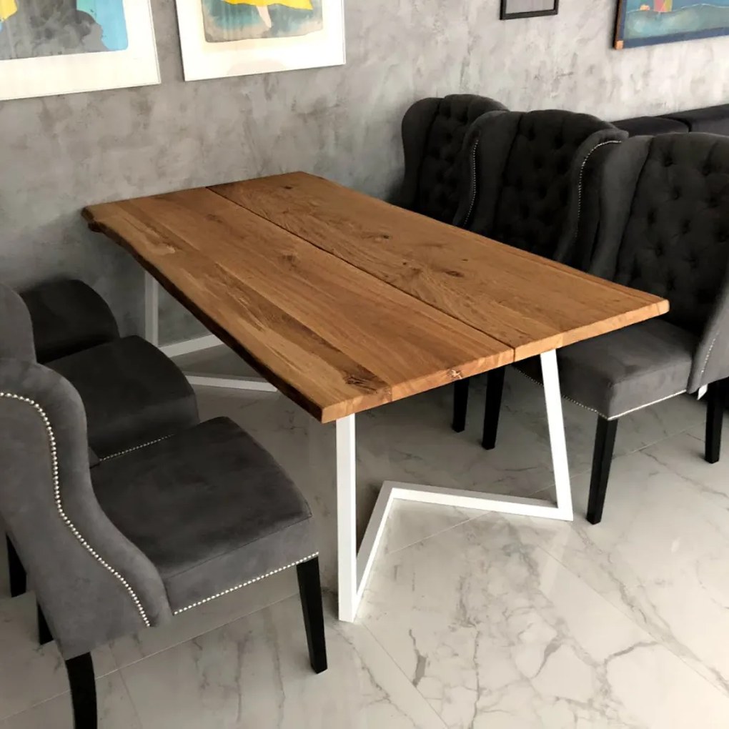 KULHÁNEK Moderní stůl s rustikální hranou a kovovou podnoží "V" Velikost desky: 200x90 cm, Odstín podnože: černá s jemnou strukturou - JS RAL 9005