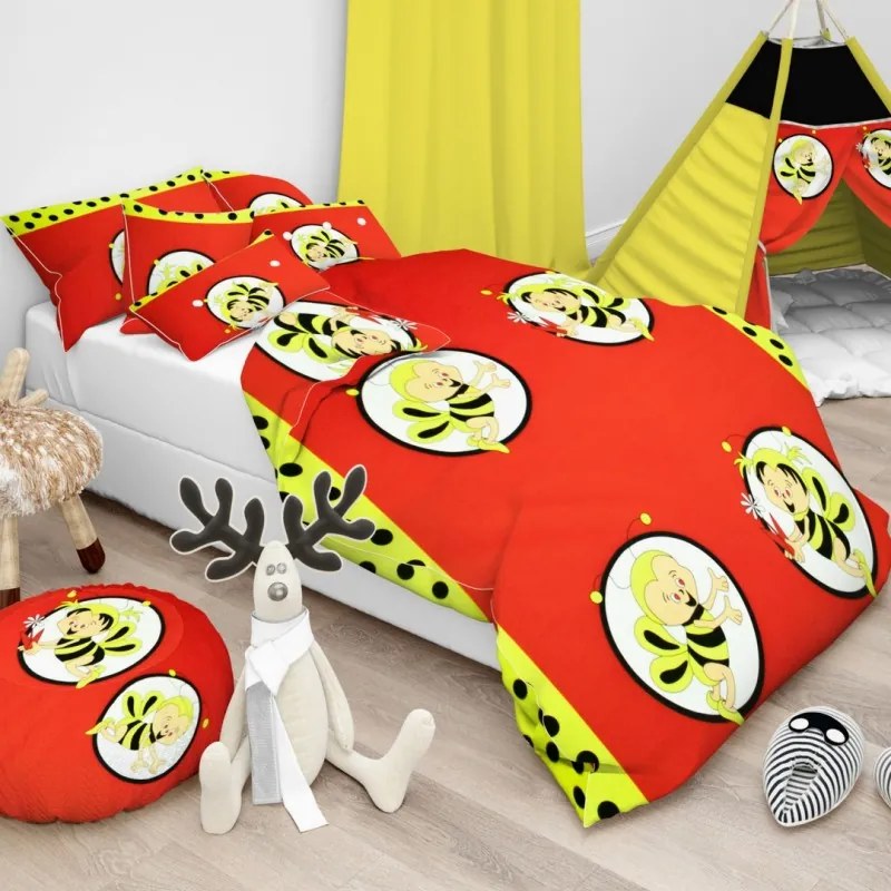 Povlečení bavlněné dětské Včelky červené TiaHome - 1x Polštář 90x70cm, 1x Přikrývka 140x200cm