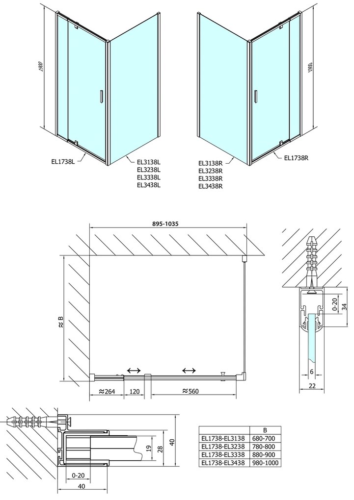 Polysan, Easy Line obdélníková/čtvercová sprchová zástěna pivot dveře 900-1000x1000mm L/P, brick sklo, EL1738EL3438