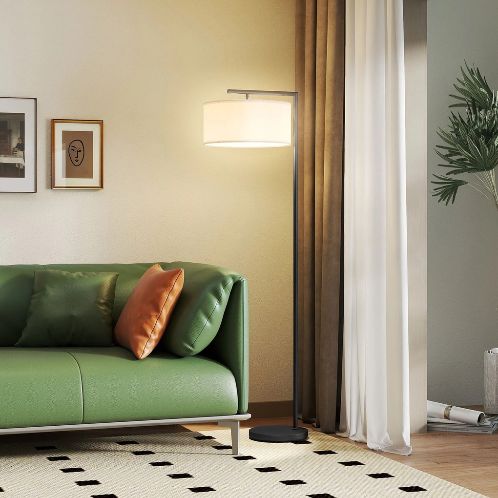HOMCOM Stojací lampa, stojací svítidlo, objímka E27, černá, stínidlo z bílého textilu, nožní spínač, železo, 47 x 37 x 153 cm