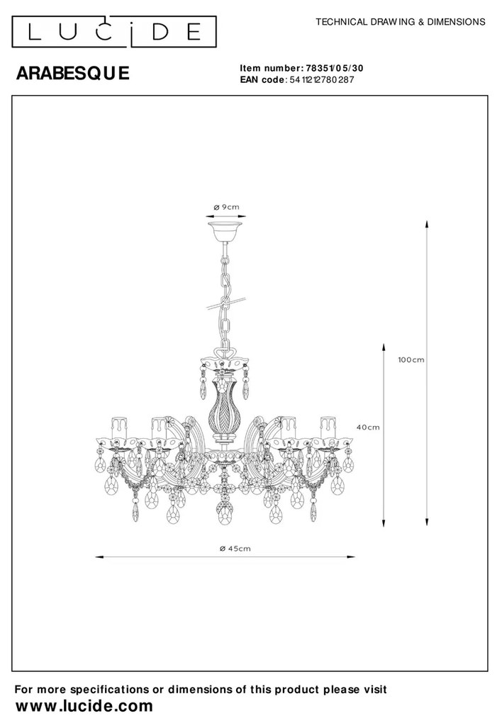 Lucide 78351/05/30 závěsný lustr Arabesque, černý, 5xE14, ø45cm