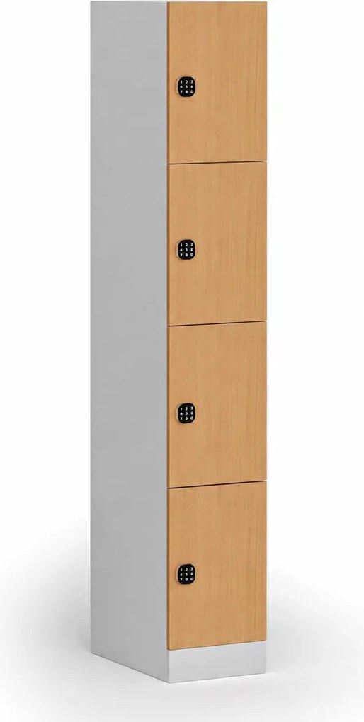 Šatní skříňka S1 s úložnými boxy, 4 boxy, 1850 x 300 x 500 mm, kódový zámek, laminované dveře, buk