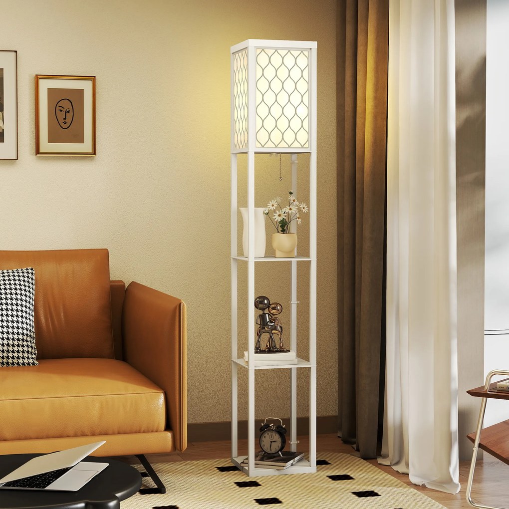 HOMCOM Stojací lampa s policí, 3 přihrádky, kompaktní rozměry, MDF, bílá