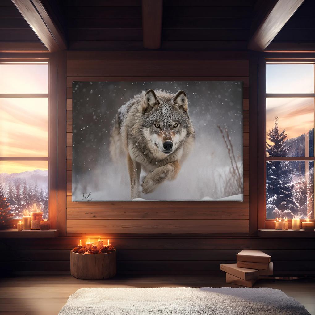 Obraz na plátně - Vlk běžící v divoké zasněžené krajině FeelHappy.cz Velikost obrazu: 90 x 60 cm
