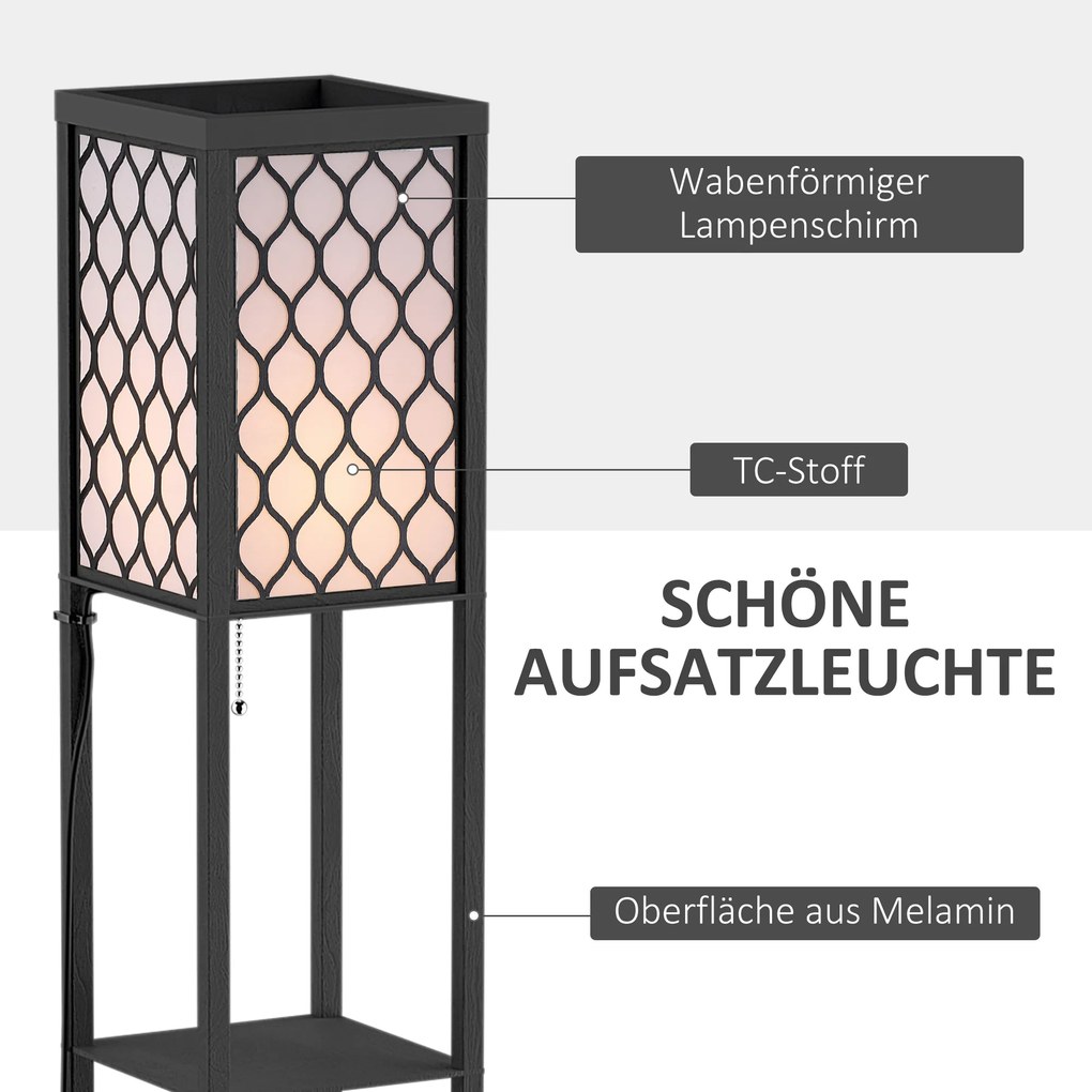 HOMCOM Stojací lampa s policemi Stojací lampa, interiérové osvětlení, E27, do 40W, do obývacího pokoje/ložnice, dřevo, černá, 26x26x160 cm| Aosom