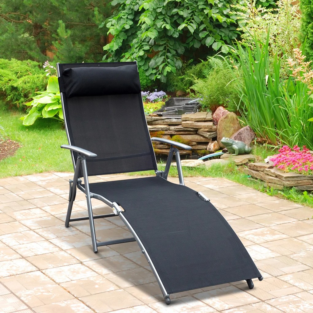 Outsunny skládací zahradní lehátko s polštářem 137x63,5x100,5cm kov a látka černá na pláž a terasu