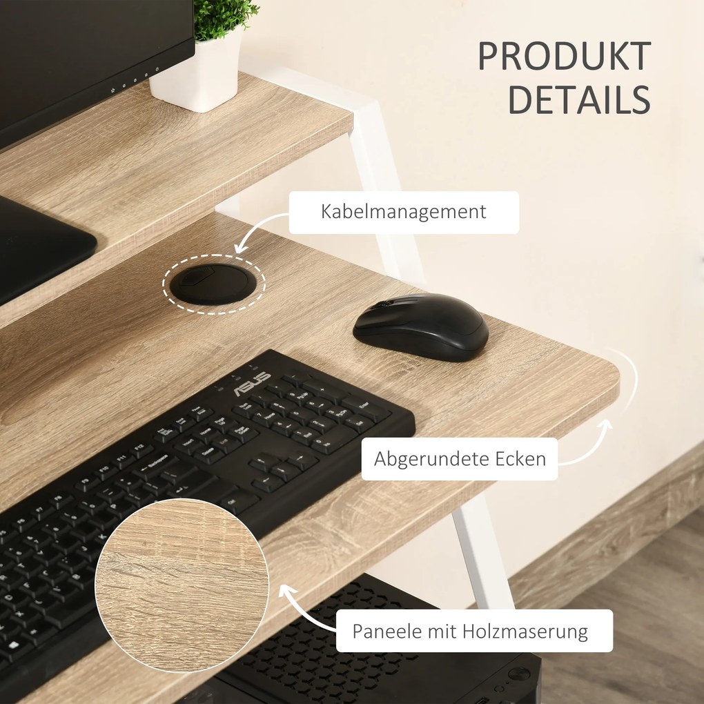 Psací stůl HOMCOM Moderní počítačový stůl s úložným prostorem a kabelovou zásuvkou Kovový rám bílý dub 84x45x85cm pro domácí kancelář a pracovnu