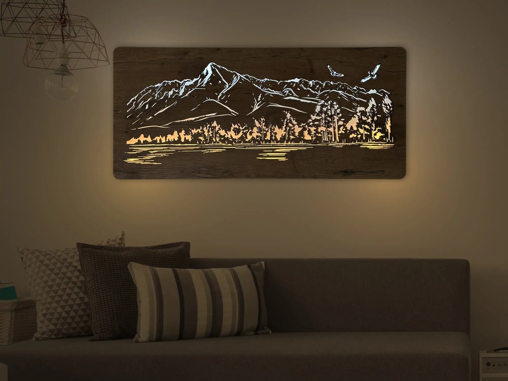 Li-Go "Hory s ptáky" světelný obraz s baterií 110x50cm varianta: ovládání na obraze bez dálkového ovladače, provedení: dub světlý