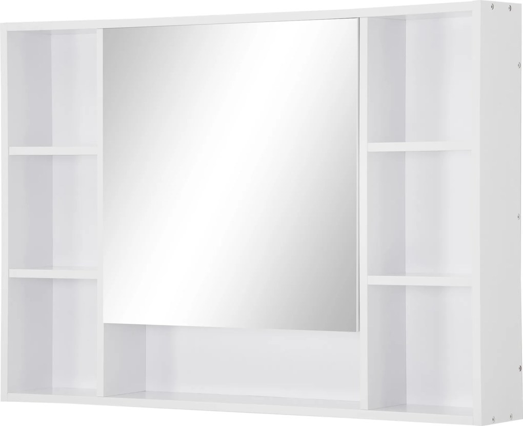 Kleankin koupelnové zrcadlo s otevřenými policemi a zrcadlovými dveřmi skříňky, úsporná bílá koupelnová skříňka, 100x15x70cm