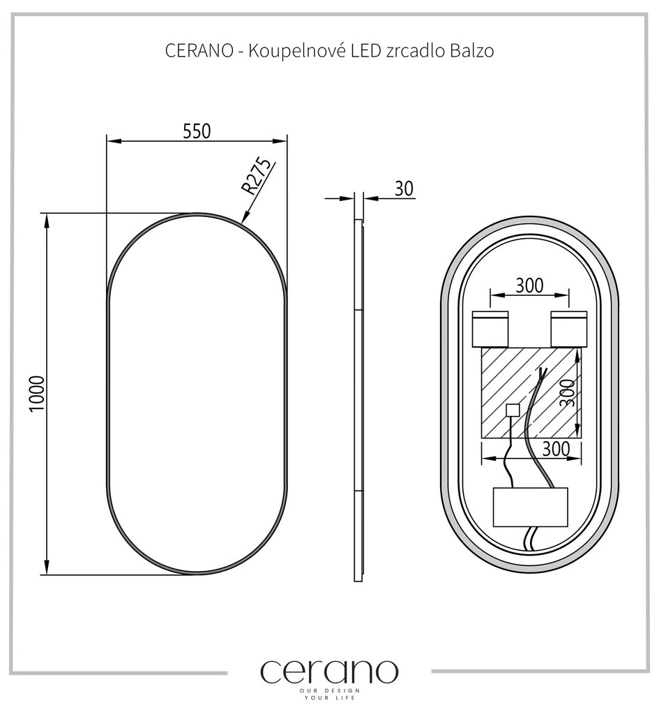 Cerano Balzo, LED koupelnové 55x100 cm, kovový rám, černá matná, CER-CER-NT8144H-55X100