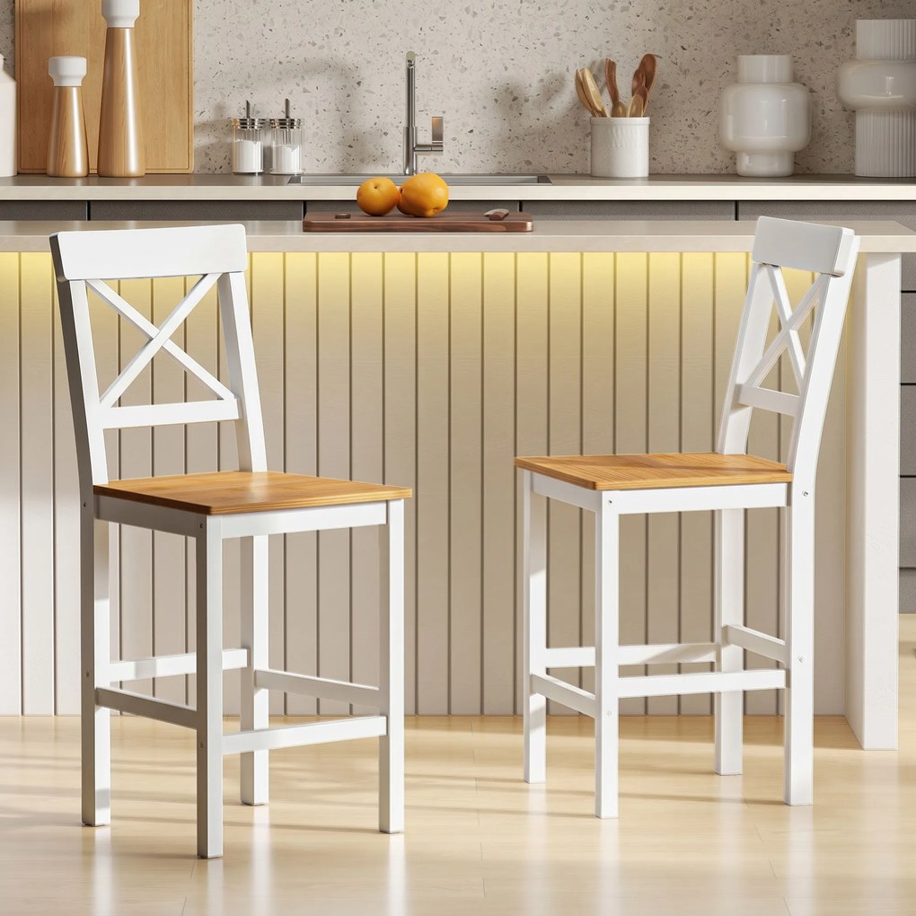 HOMCOM Set 2 Barových Židlí Vysoký Sedák 60,2 cm Dřevěné Kuchyňské Židle s Opěrkou a Podnožkou Nosnost 120 kg pro Jídelnu a Obývací Pokoj Přírodní a …