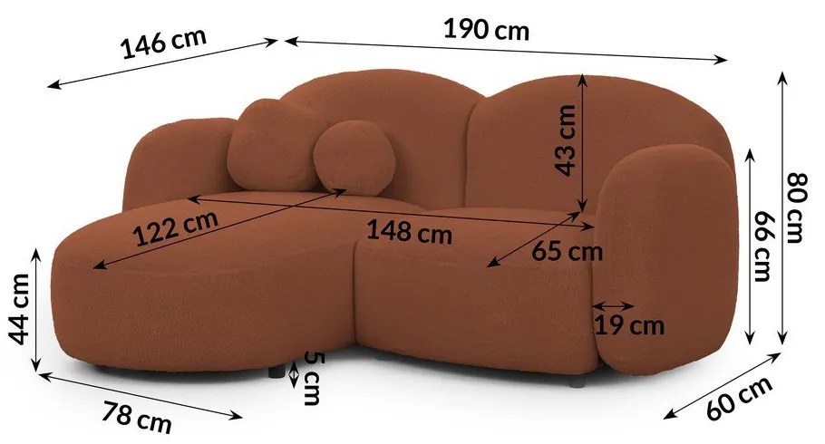 Rohová pohovka z textilie bouclé v terakotové barvě (levý roh/s lenoškou) Orbit – Ropez
