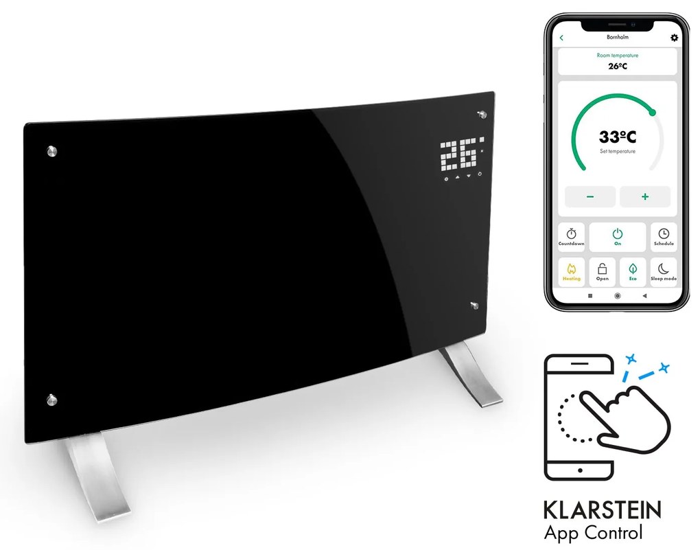 Klarstein Bornholm Curved Smart, konvektor, 2000 W, ovládání přes aplikaci, černý