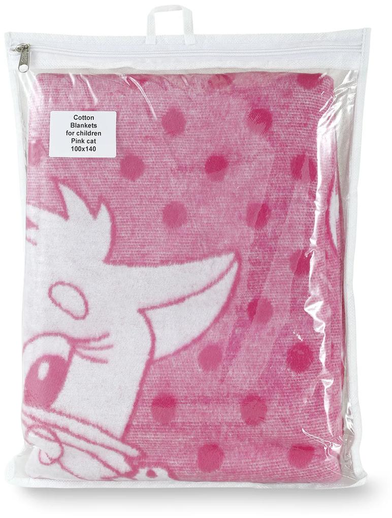 Wooline Bavlněná dětská deka růžová s kočičkou