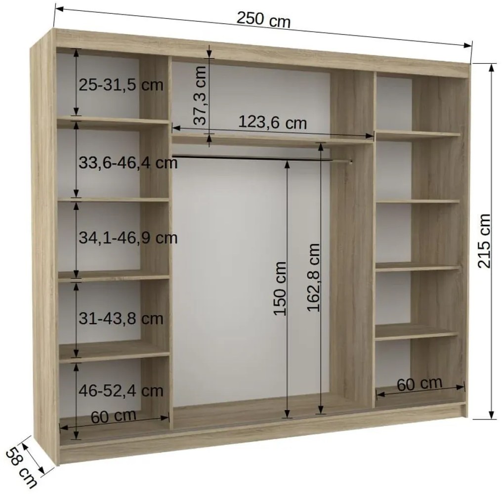 Šatní skříň s posuvnými dveřmi Medison - 250 cm Barva: dub Sonoma