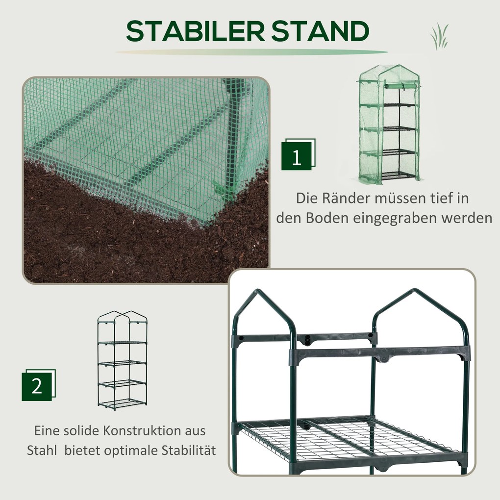 Outsunny Folien-Gewächshaus, Treibhaus, Mini-Gewächshaus, Pflanzenhaus, Frühbeet, 4 Regalfächer, 70 x 50 x 160 cm, Dunkelgrün
