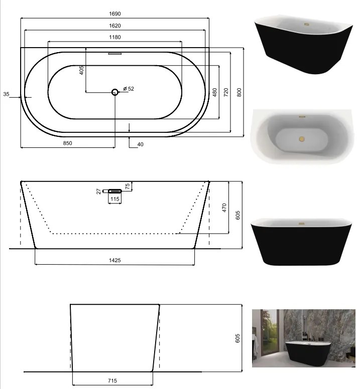 Besco Vica New B&W volně stojící vana se štěrbinovým přepadem, mat Délka vany: 160cm