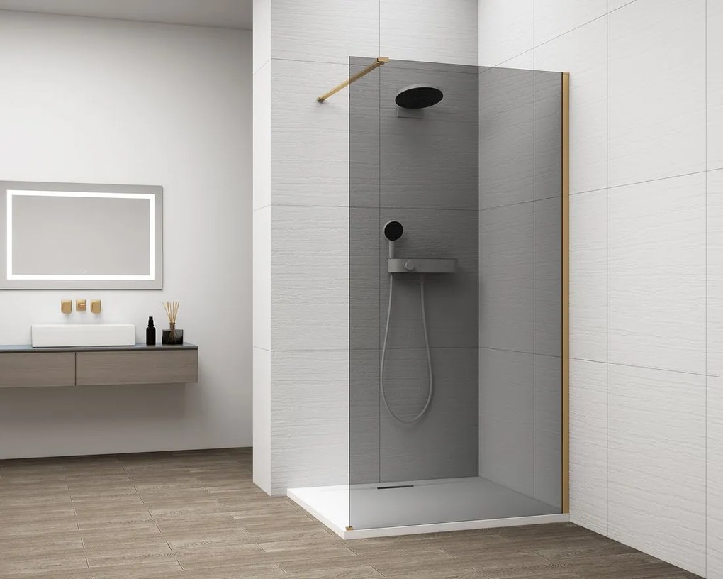 Polysan Esca Gold Matt jednodílná sprchová zástěna 90 x 210 cm k instalaci ke stěně zlatá sklo kouřové ES1290-04