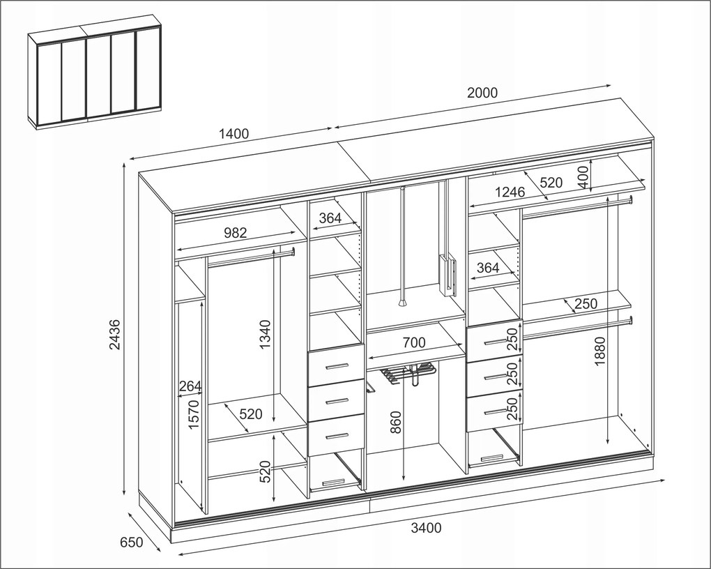 eMeblast Skříň 340 cm se zrcadlem, moderní šatní skříň, kašmír