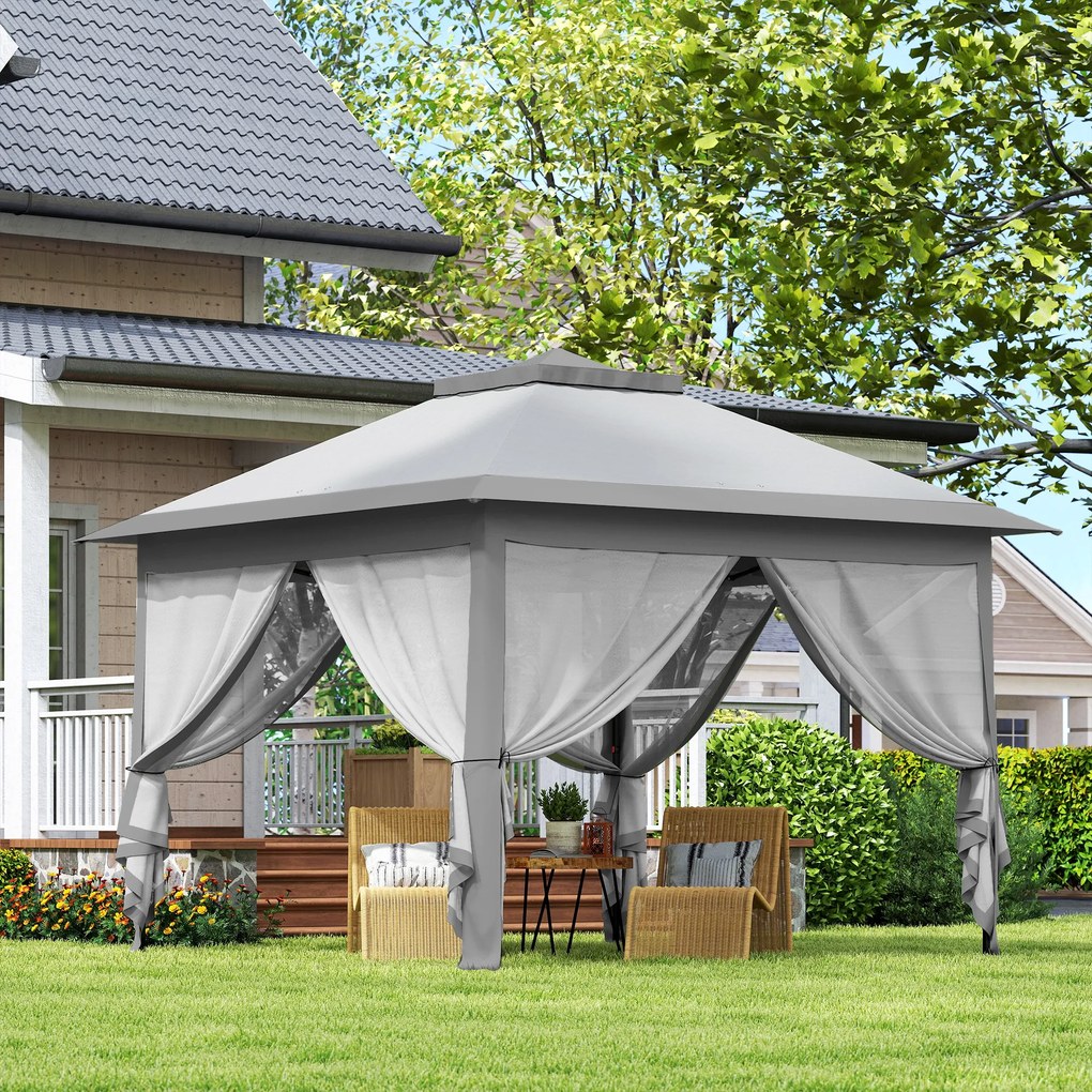 Outsunny skládací pavilon, zahradní pavilon, kov a plátno, síťové závěsy, odvodňovací otvory, 330D x 330Š x 288V cm, šedý 84C-300V01GY