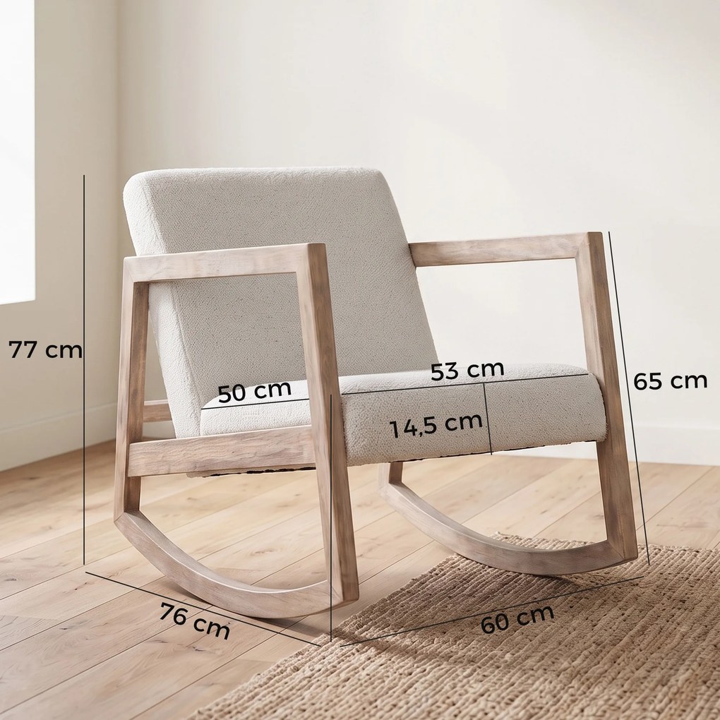 HOMCOM Houpací křeslo Relaxační křeslo s dřevěným rámem, čalouněné, lounge, kaučukovník, krémově bílé| Aosom