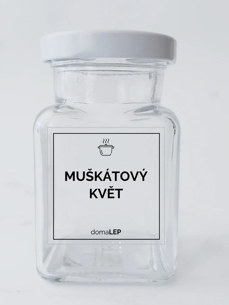 Samolepka na kořenky MUŠKÁTOVÝ KVĚT průhledná 5 × 5 cm tučné písmo