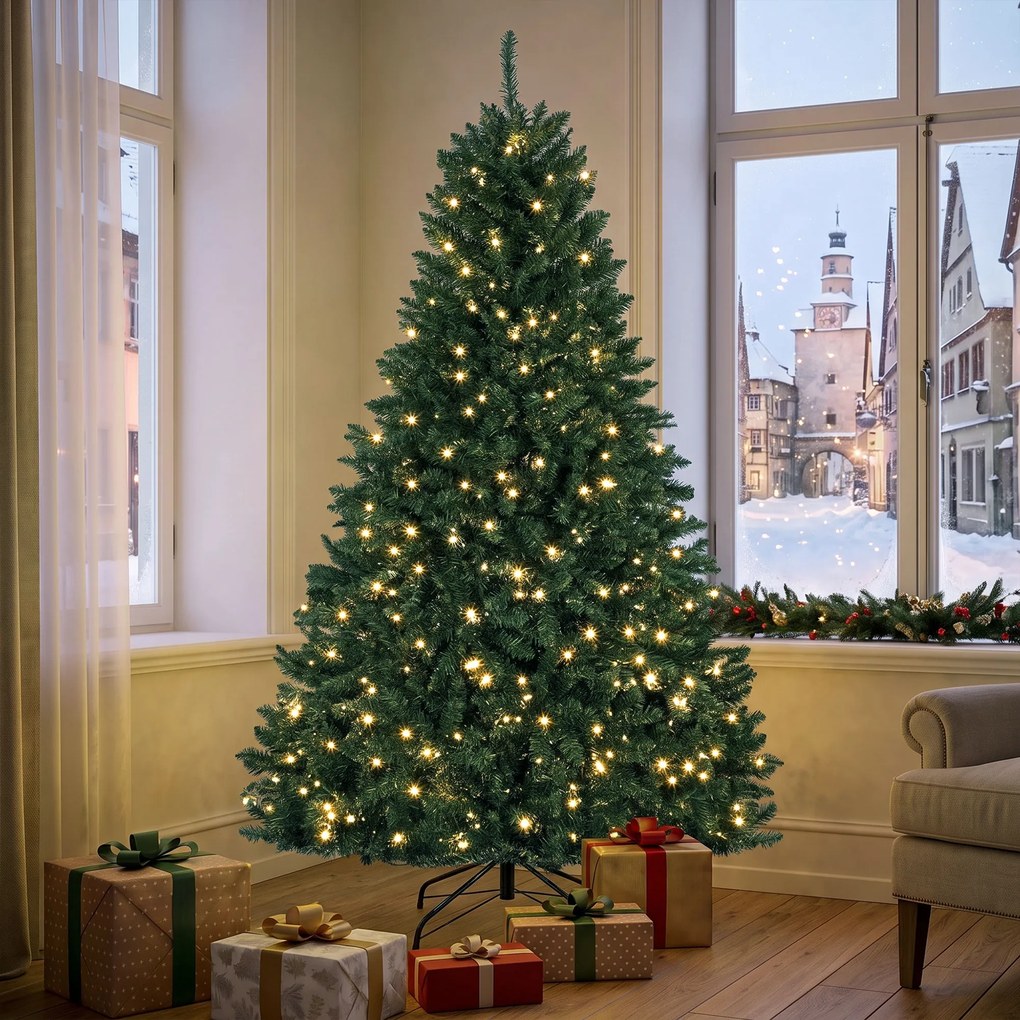 HOMCOM Vánoční strom, 550 teplých bílých LED diod, 1494 větviček, nehořlavý, plast/kov, 180 x 112 cm, zelený