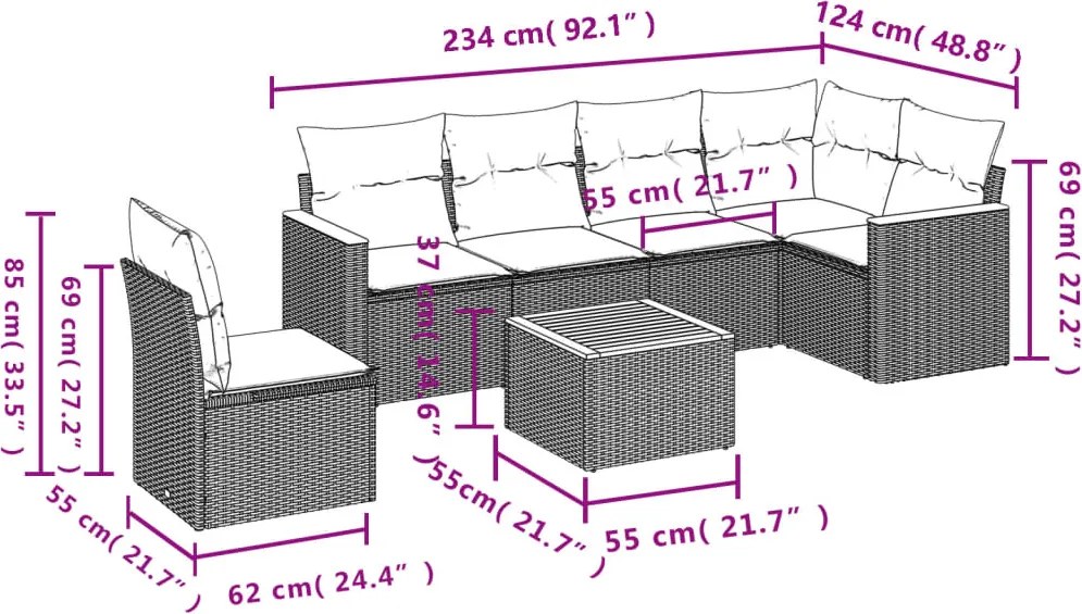 7dílná zahradní sedací souprava s poduškami černá polyratan 3258423