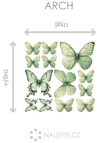 Motýli zelení 13 ks textilní přelepitelné samolepky na zeď arch 20 x 20 cm